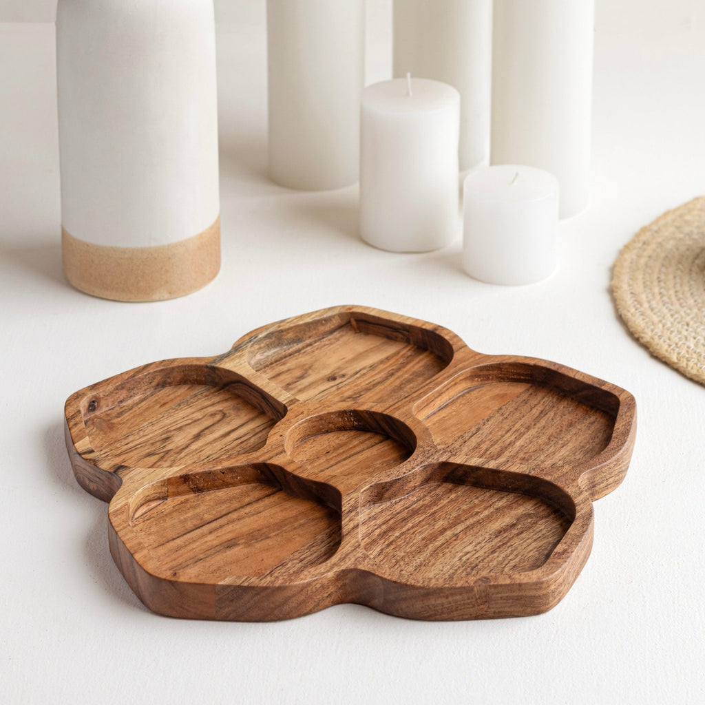 Floret Acacia Wood Snack Serving Platter cum Tray – Aurum Crafts