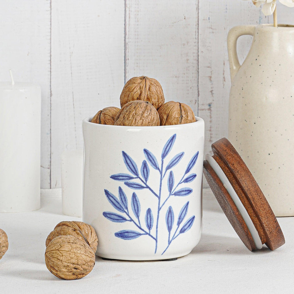 Botanica Blue Handpainted Ceramic Jar Small (500ml) with Wooden Lid ...