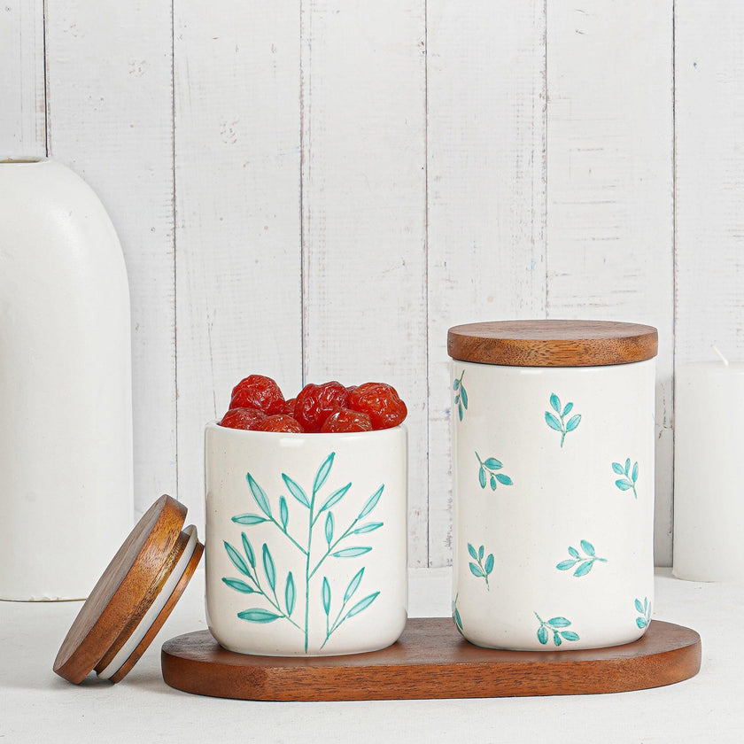 Aurum Crafts | Botanica Green Handpainted Ceramic Jars(Set of 2) with ...