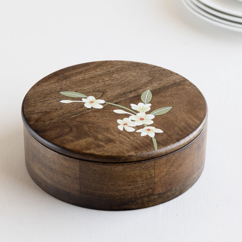Aurum Crafts | Premium Handpainted Wooden Roti Box (Size 8in x 8in x 3in)